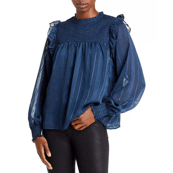 Aqua | Tops | Aqua Smocked Yoke Ruffled Jacquard Top | Poshmark